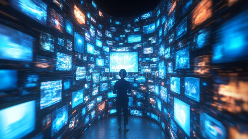 Man Surrounded by Glowing Screens of Information, Data Overload ...