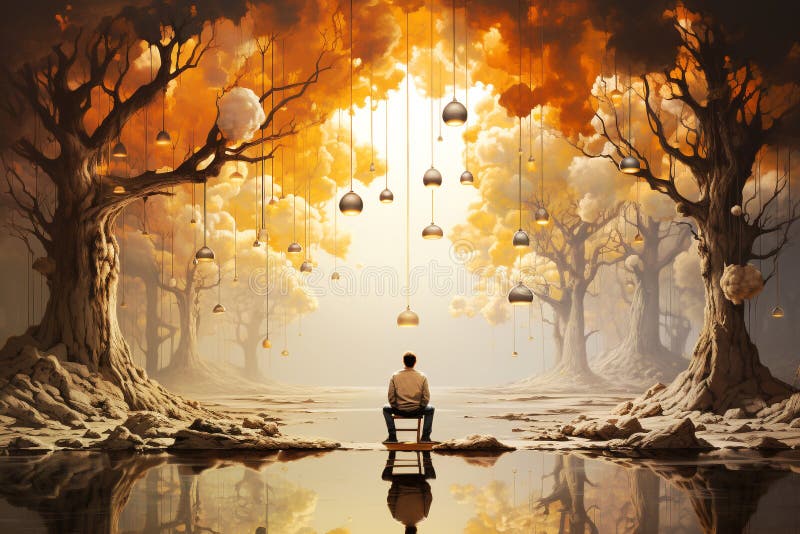 Man Surrounded by Many Light Bulbs in Nature, Spirituality, Explosion ...