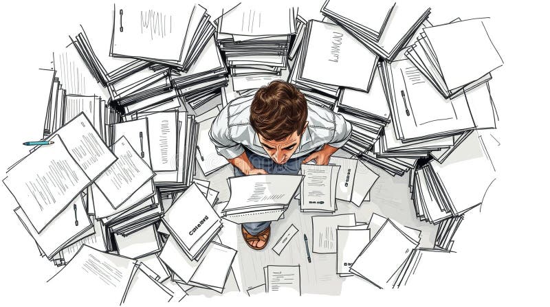 Man Surrounded by a Massive Pile of Paperwork, Looking Overwhelmed and ...