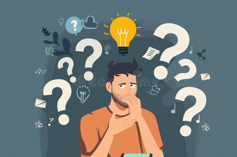 Man Surrounded by Question Marks at Table Stock Photo - Image of table ...