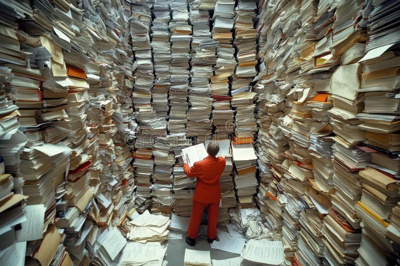 A Man Surrounded by Towering Stacks of Paper Documents Stock ...
