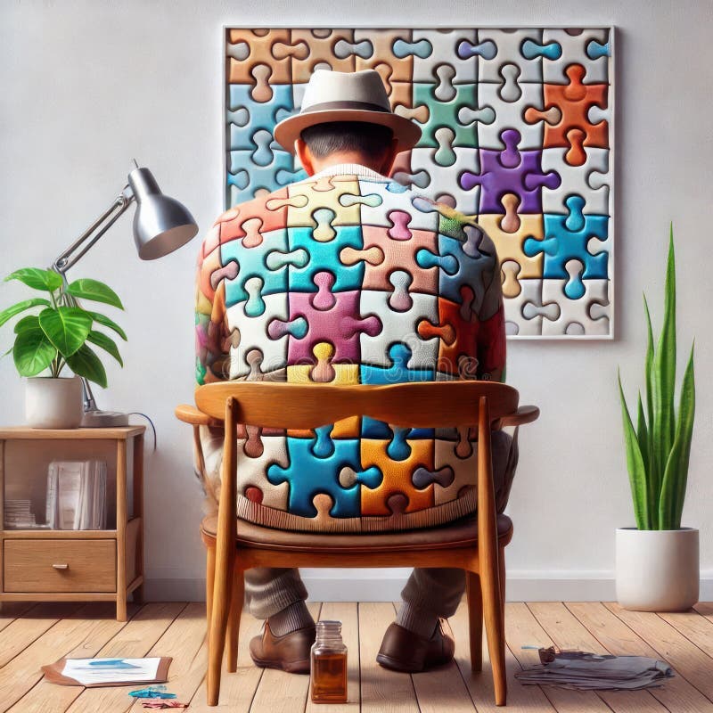 Man in Sweater with Puzzle Pattern in Front of Puzzle Picture. Stock ...