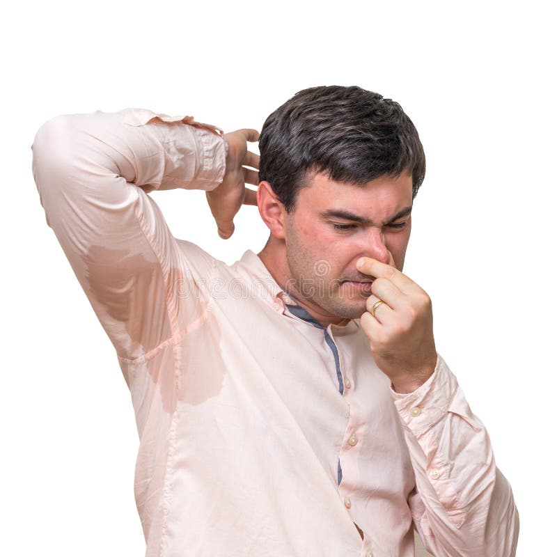 Man with Sweating Under Armpit Pinches Nose with Fingers Stock Photo ...