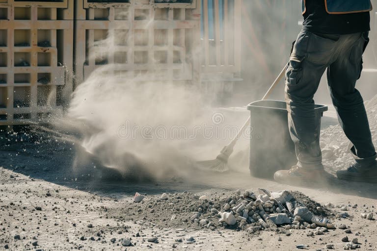 Man Sweeping Dust and Small Waste into a Handheld Building Container ...
