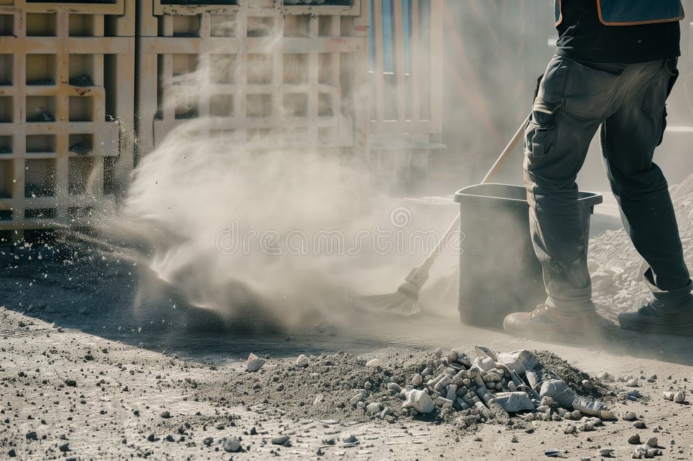 Man Sweeping Dust and Small Waste into a Handheld Building Container ...
