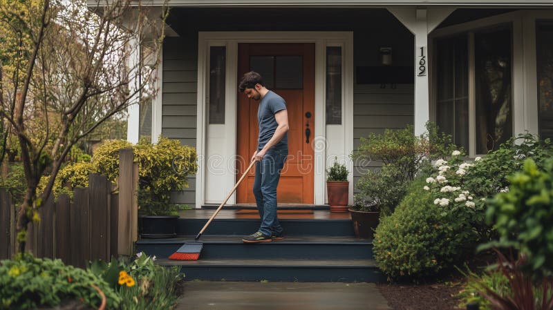 Man Sweeping Steps at a Suburban Home in Springtime, Surrounded by ...