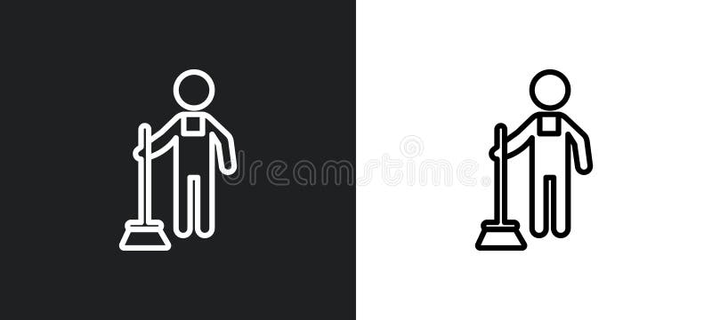 Man Sweeping Outline Icon in White and Black Colors. Man Sweeping Flat ...