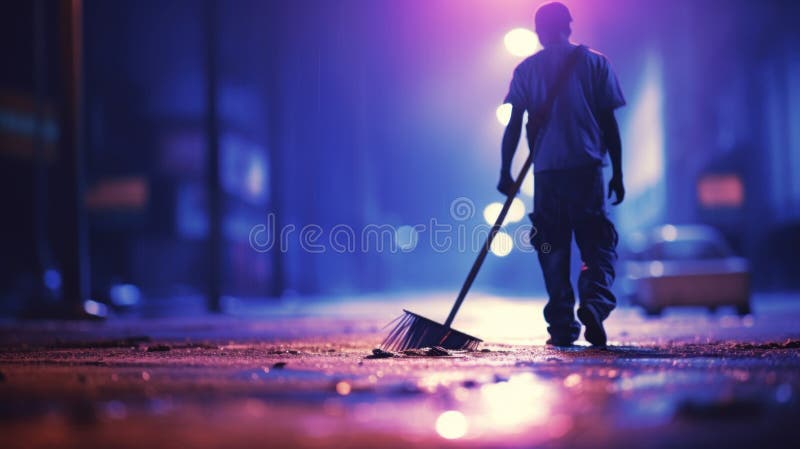 A Man is Sweeping the Street at Night, AI Stock Illustration ...