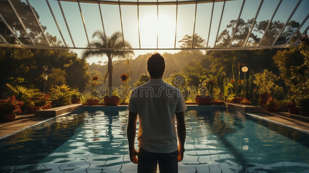 Man Swim Back Pool Back View. Generative AI. Stock Photo - Image of ...