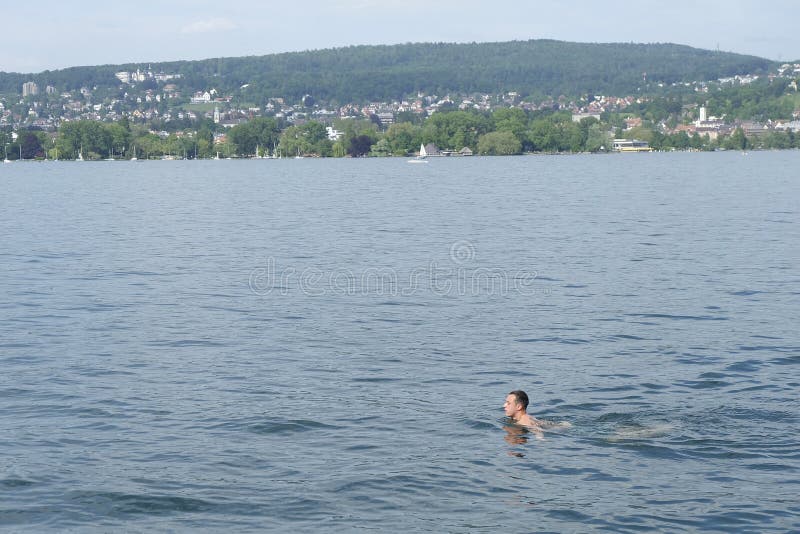 A Man Swim in the Lake. One Person Activity Editorial Stock Image ...