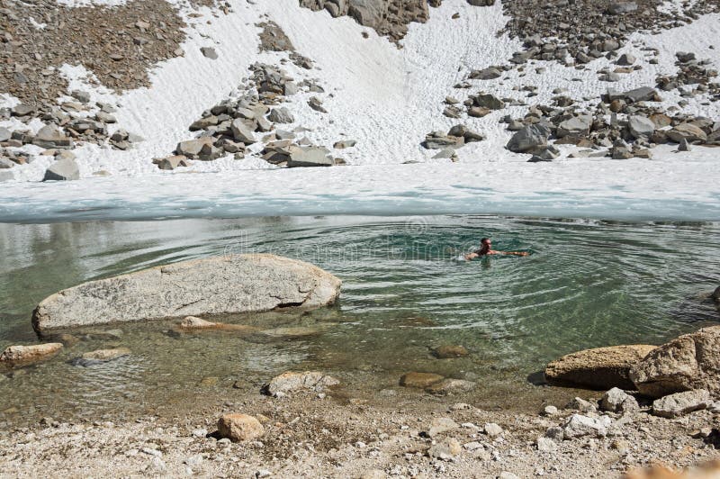 Man Swimming in Cold Mountain Lake Stock Image - Image of snow, cold ...