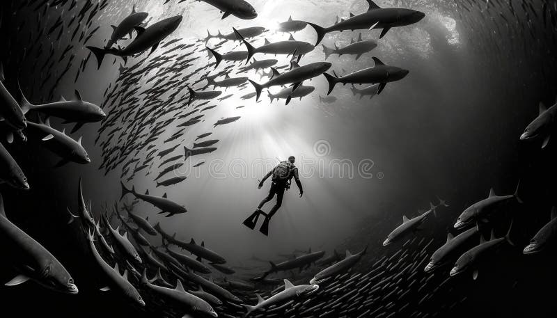 A Man Swimming in a Large Group of Fish in the Ocean. Generative Ai ...
