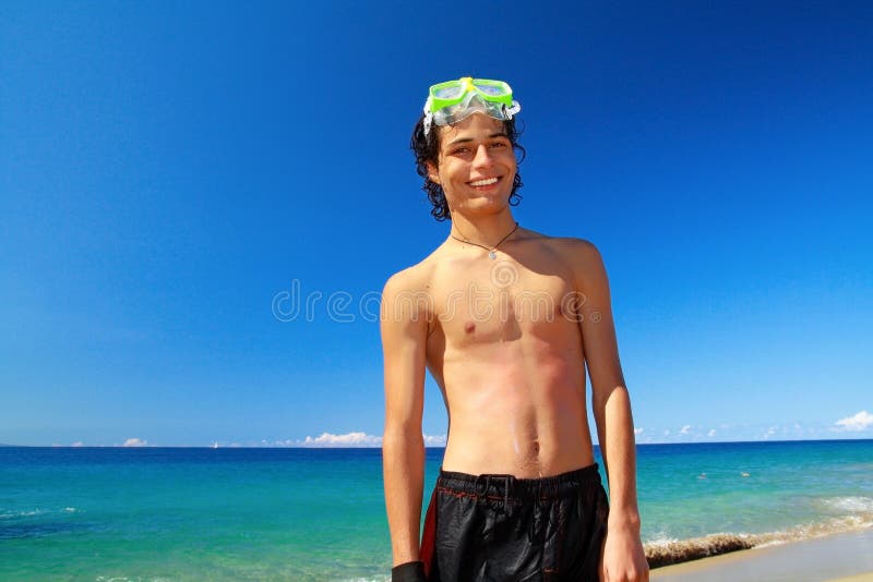 Man in Swimming Mask on Beach of Ocean Stock Image - Image of hair ...