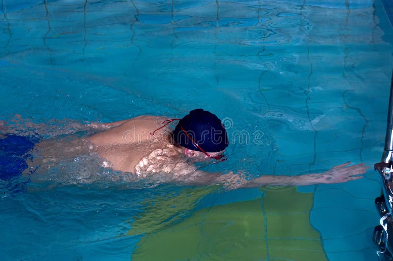 Man Swims Forward Crawl Style in Swimming Pool Stock Image - Image of ...