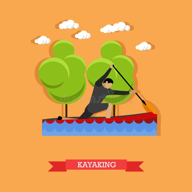 Man Swims in Kayak with Paddle, Flat Design Stock Vector - Illustration ... Man Swims in Kayak with Paddle, Flat Design Stock Vector - Illustration ...
