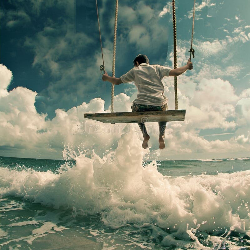 Man Swings at Table by Ocean, Daytime Adventure Stock Illustration ...