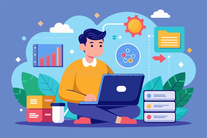 A Man is Syncing Big Data on a Laptop in a Vibrant Workspace Filled with Graphs and Data Visuals ...