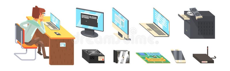 Man System Administrator and Computer Hardware Vector Set Stock Vector ...