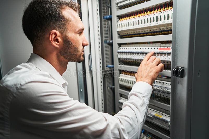 Man System Administrator Pressing on Electrical Switch Stock Photo ...