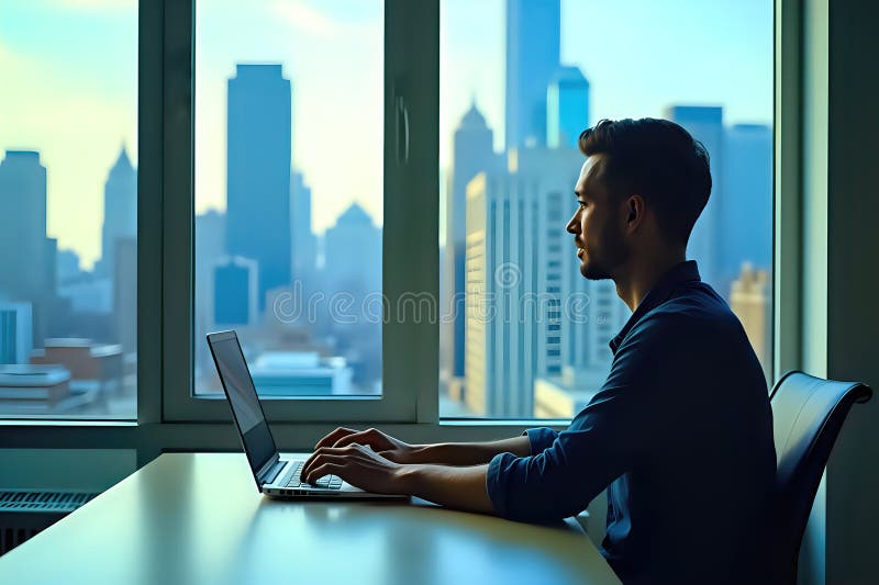 Man at Table with Laptop, City View through Window Behind Stock ...