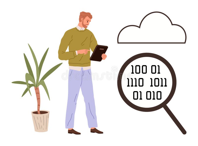 Man with Tablet Analyzing Data through Digital Cloud Magnifying Glass and Binary Code Stock ...