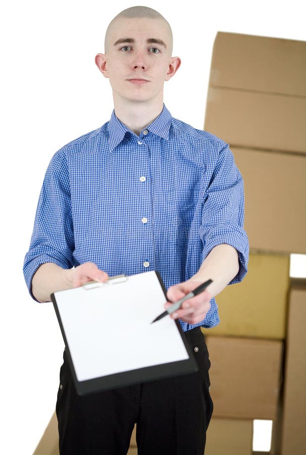 Man with Tablet and Carton Boxes Stock Image - Image of male, cardboard ...