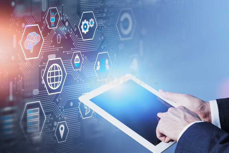 Digital Business Interface and Icons in Night City Stock Illustration ...