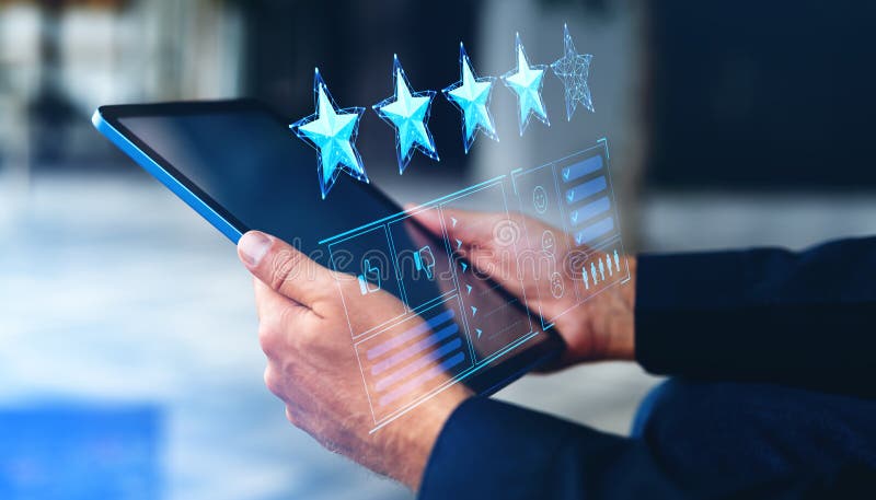 Man with Tablet Giving Four Star Rating Stock Photo - Image of ... Man with Tablet Giving Four Star Rating Stock Photo - Image of ...