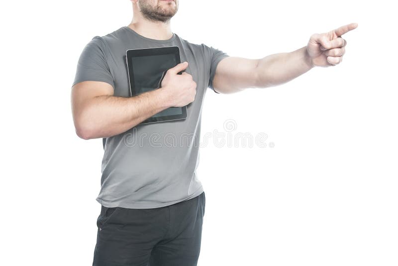 Man with the Tablet Indicates the Direction of the Hand Stock Photo ...