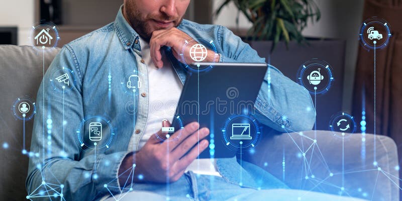 Man with Tablet, IoT Interface Stock Image - Image of artificial, light ...