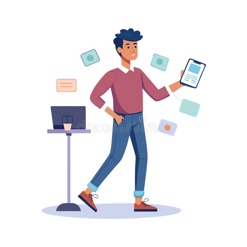 Man with Tablet and Laptop Managing Tasks, Organization, Productivity ...