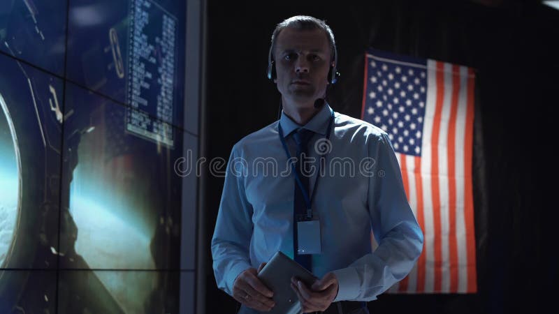 Man with Tablet in Mission Control Center Stock Image - Image of ...