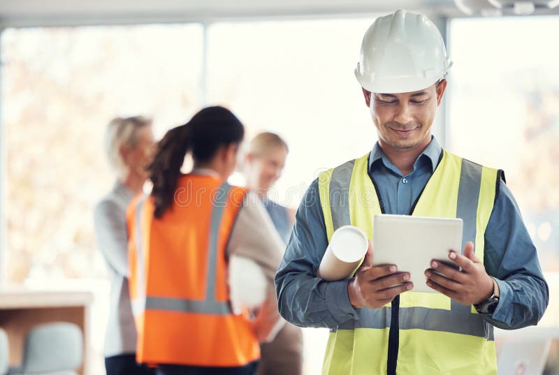 Man, Tablet and Office for Architecture Analysis, Construction Teamwork ...