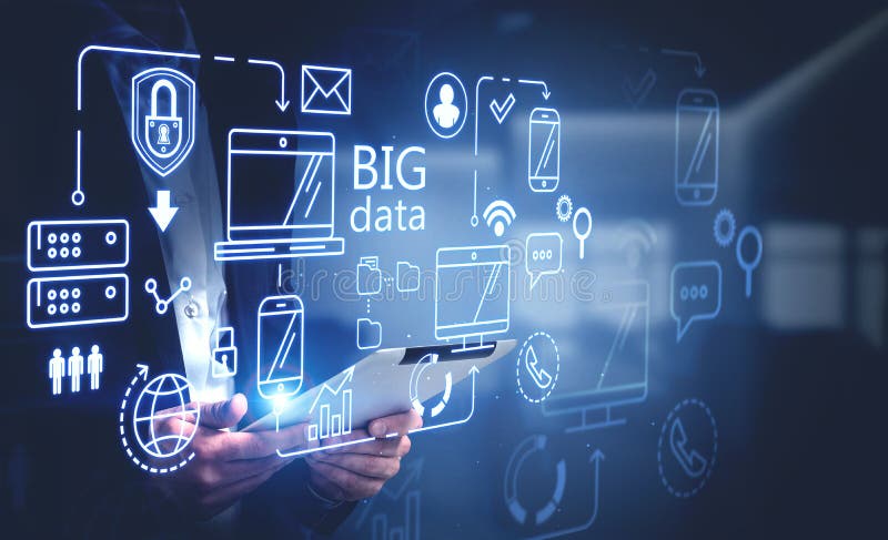 Man with Tablet in Office and Big Data Interface Stock Illustration ...