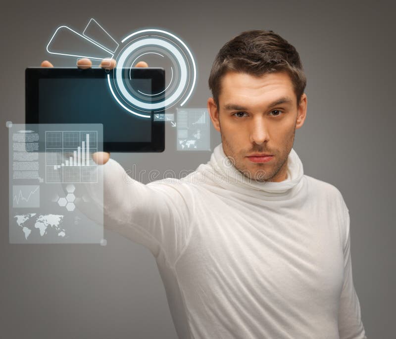 Man with Tablet Pc and Virtual Screens Stock Image - Image of screen ...