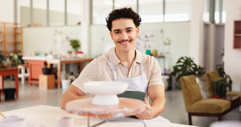 Man, Tablet and Portrait with Smile at Pottery Workshop with Design App ...
