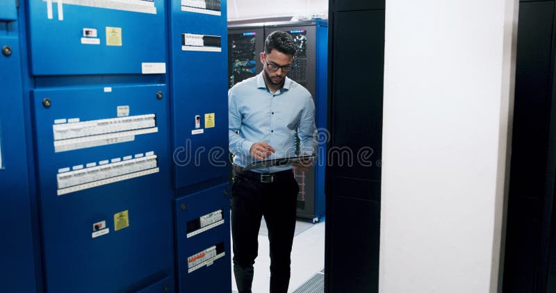 Man, Tablet and Programmer for Inspection in Server Room, Scroll and Checklist for it Solution ...