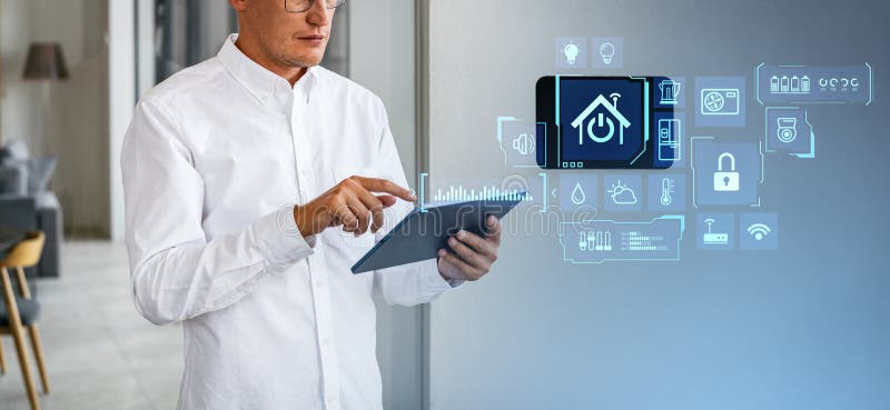 Man with Tablet, Smart Home Digital Technologies Remote Control Stock ...