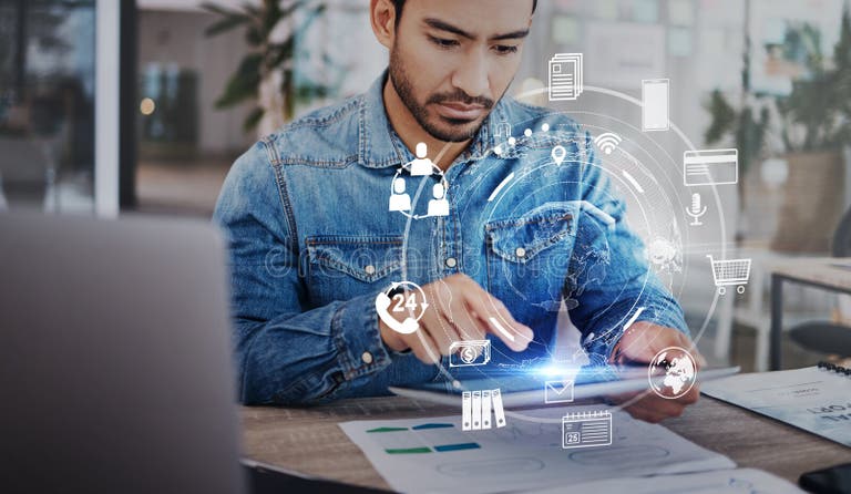 Man, Tablet and Startup with Hologram App Ui, Web Design or Creativity for Seo with Dashboard ...