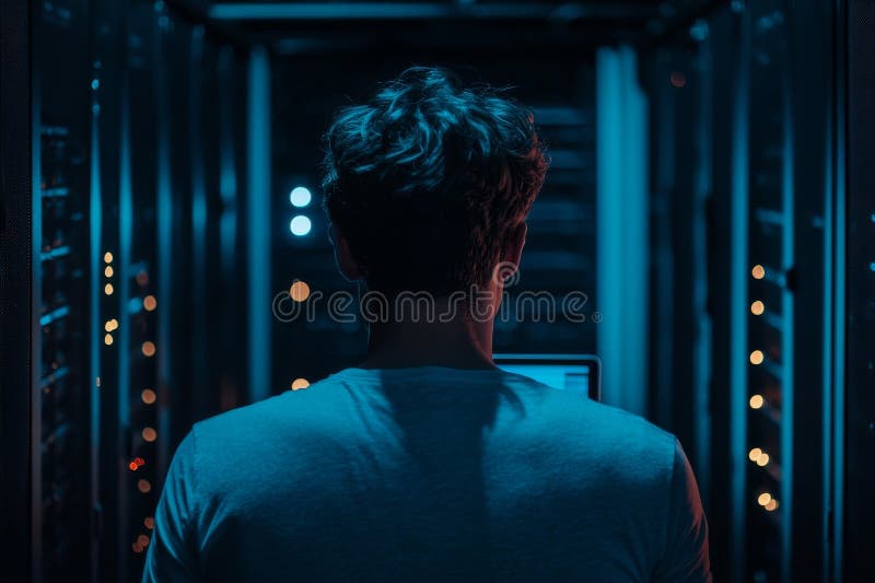 A Man with a Tablet Surveys the Server Room. Computer Vision Concept ...