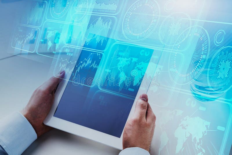 Man with Tablet at Table, HUD Interface Stock Photo - Image of hand ...