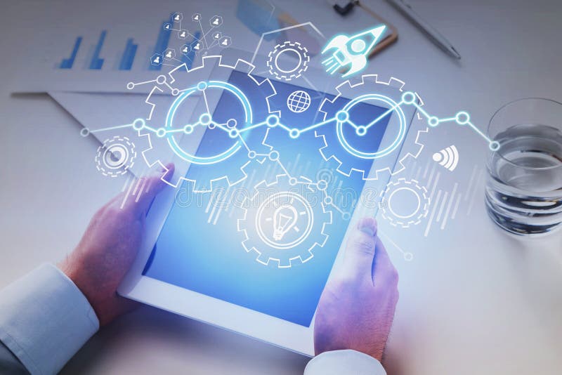 Man with Tablet at Table, Startup Interface Stock Image - Image of ...