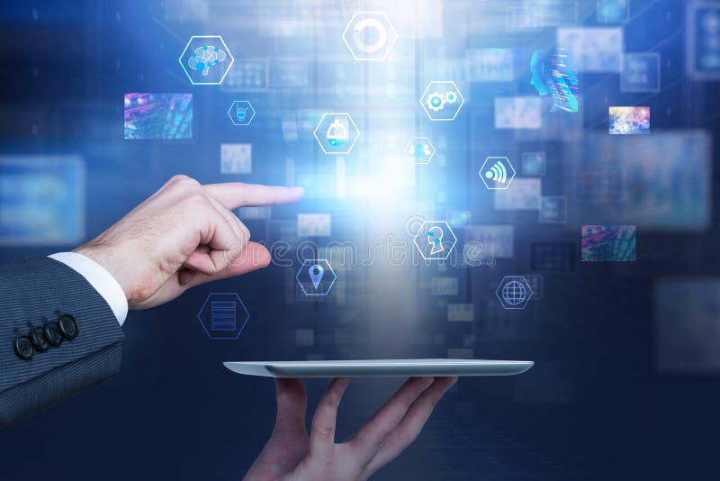 Man with Tablet Using Digital Business Interface Stock Illustration ...