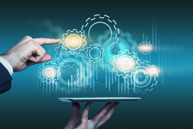 Man with Tablet Using Gear Interface Stock Photo - Image of concept ...