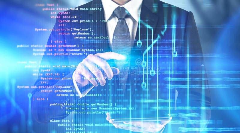 Man with Tablet Working with Code Interface Stock Photo - Image of data ...