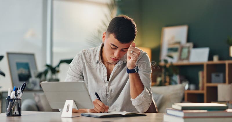 Man, Tablet and Writing in Book with Internet Research for Project ...