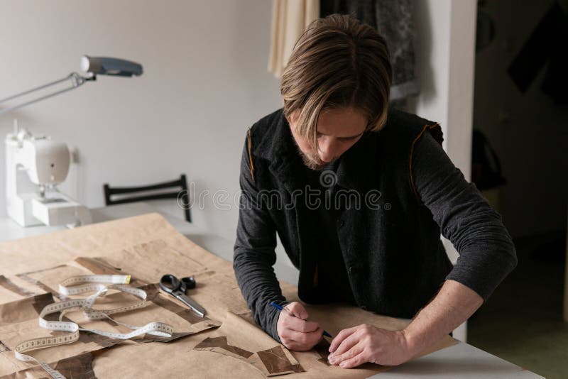Man Tailor Making Clothing Pattern while Work in Workshop Stock Image ...