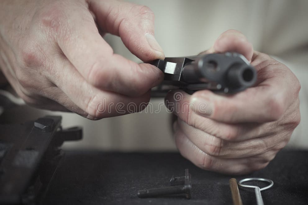 Checking, Assembling and Disassembling of 9 Mm Compact Handgun Stock Image - Image of fingers ...