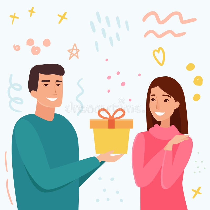 Man take gift for woman. stock vector. Illustration of hand - 195791531
