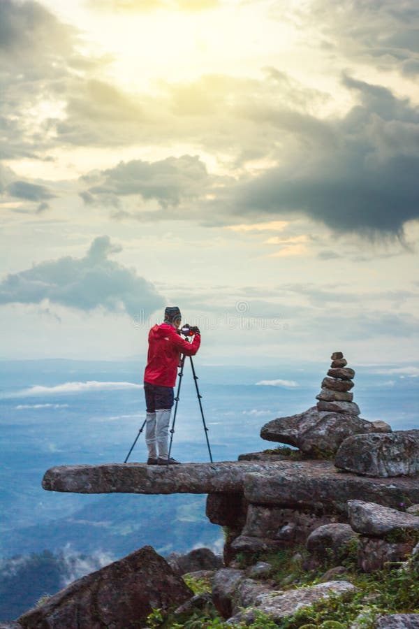 A Man Take a Photo on a Rock Top of the Mountain in Thailand Stock ...